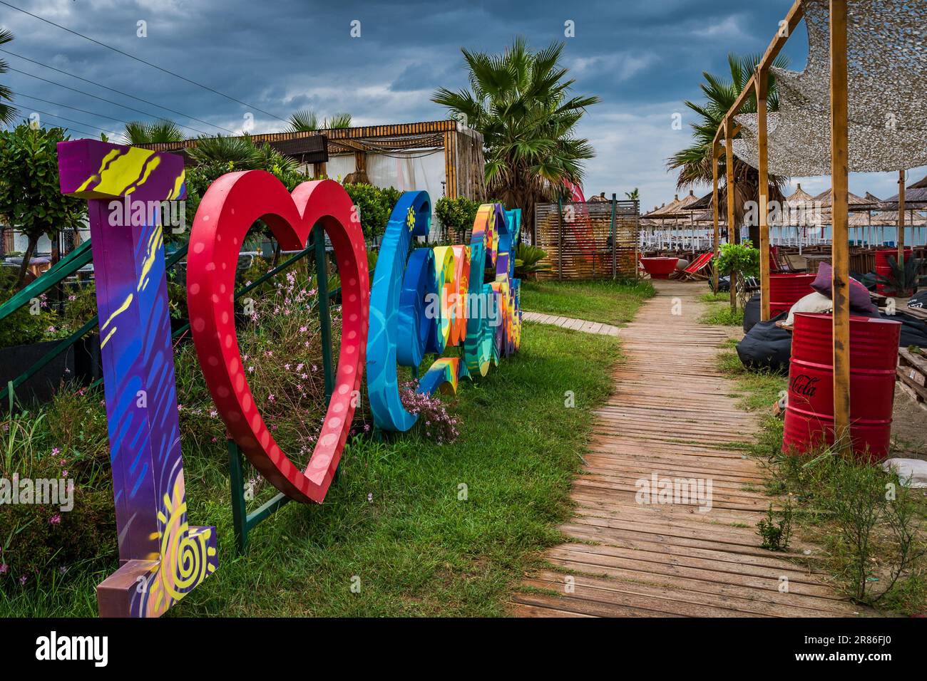 Durres, ALBANIA September 3 2022: Sunny day in Durres beach. Blue sky ...