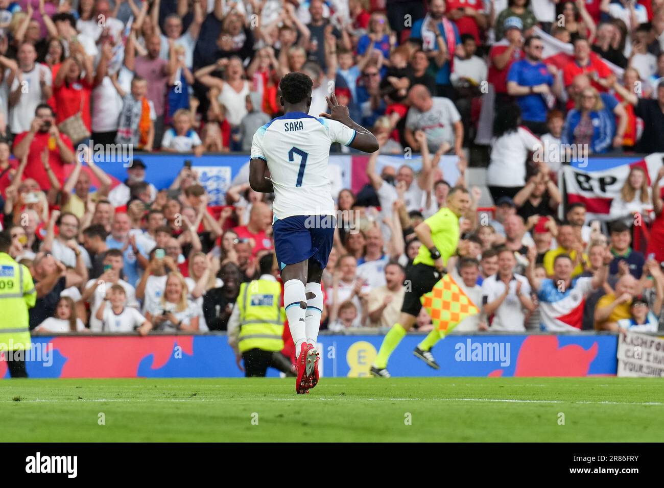 Manchester, UK. 19th June, 2023. GOAL - Bukayo Saka (7) of England ...