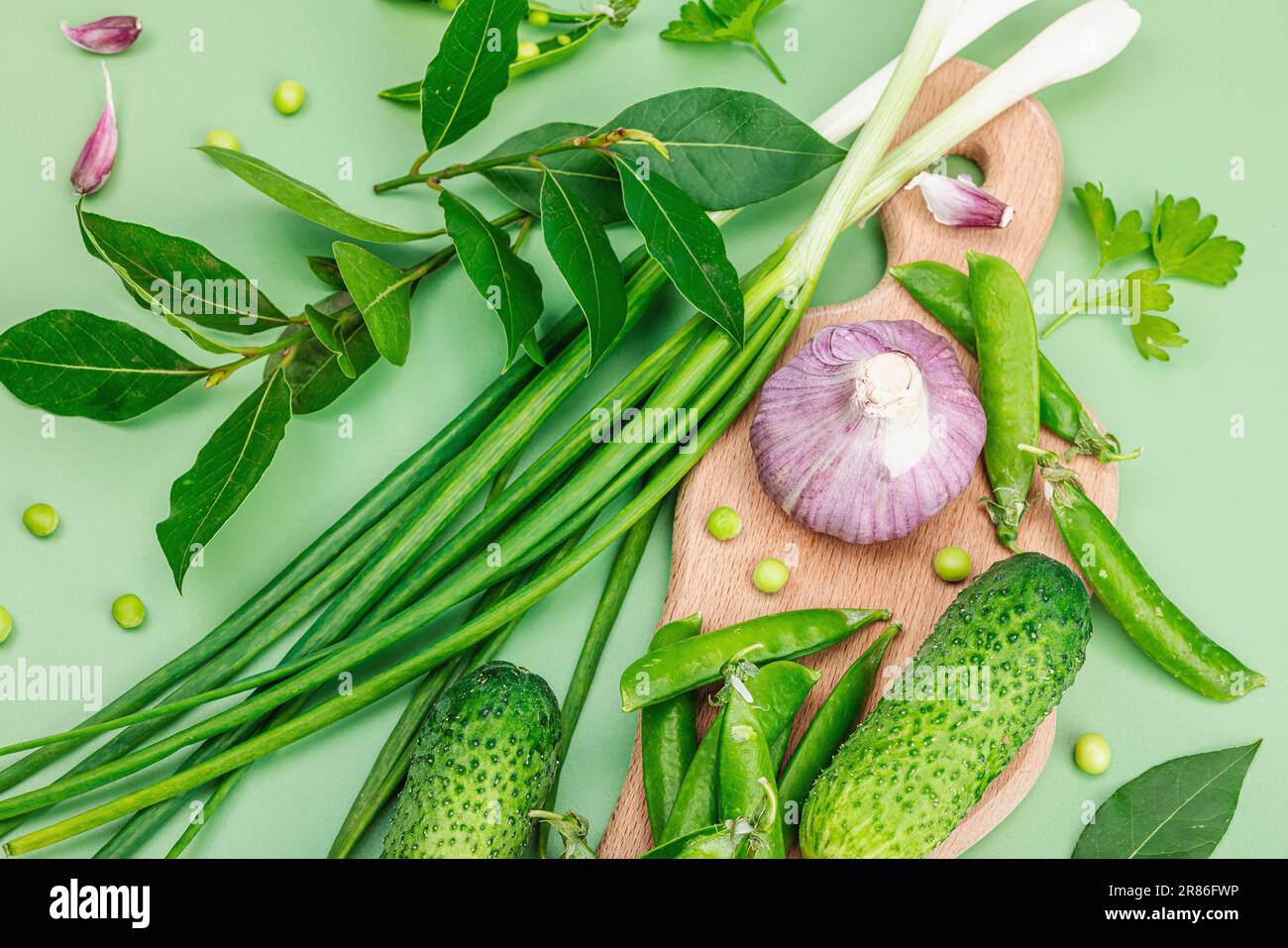 Culinary background in green tones. Preserved and fermented food ...