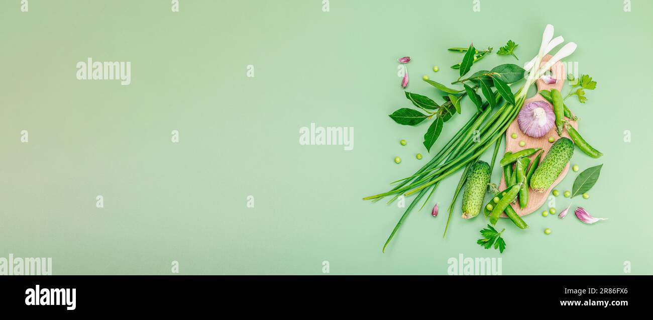 Culinary background in green tones. Preserved and fermented food ...