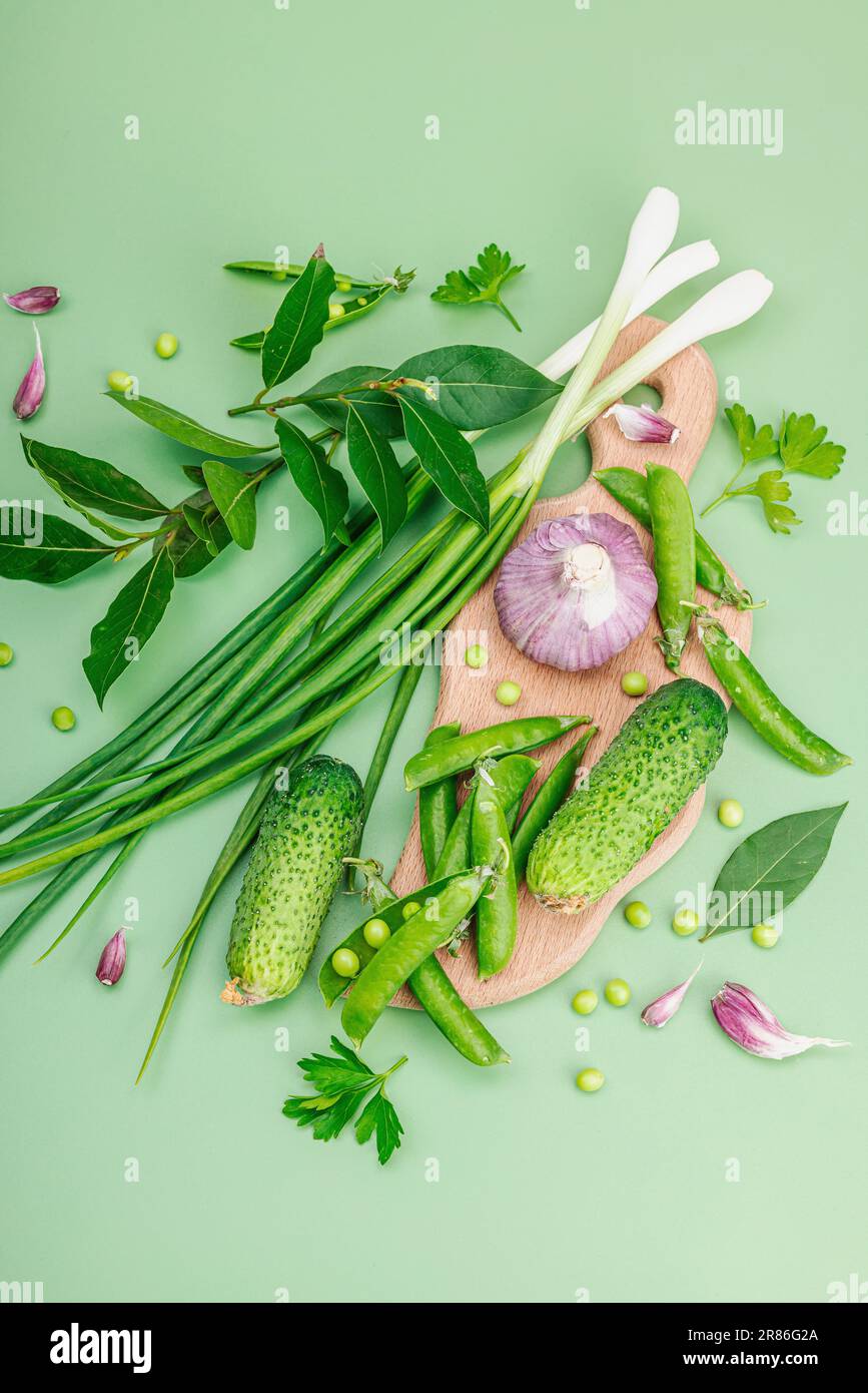 Culinary background in green tones. Preserved and fermented food ...