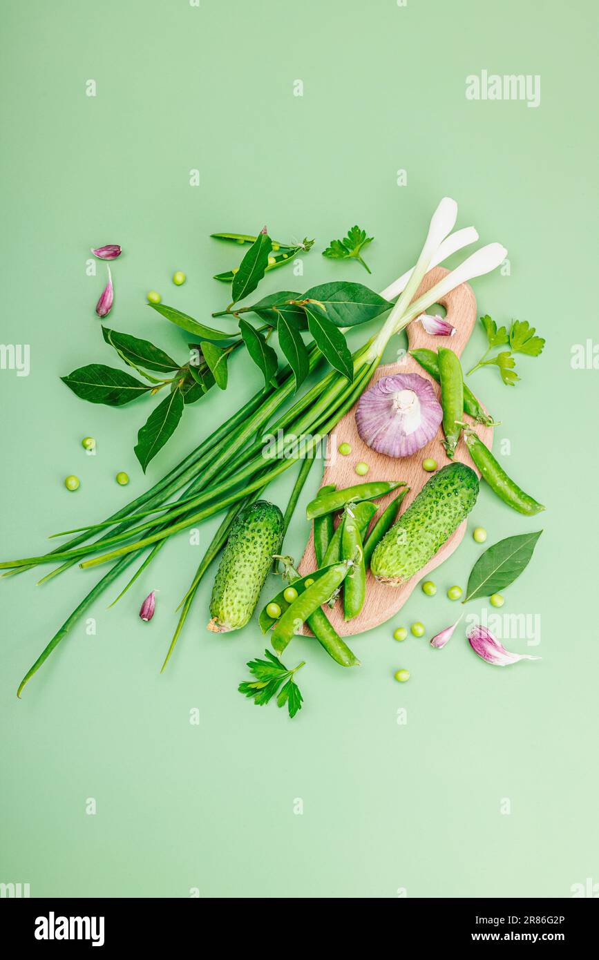 Culinary background in green tones. Preserved and fermented food ...