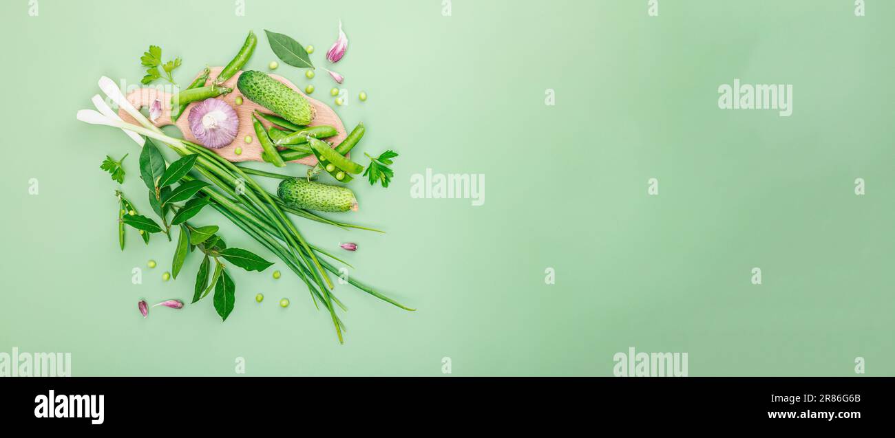 Culinary background in green tones. Preserved and fermented food ...