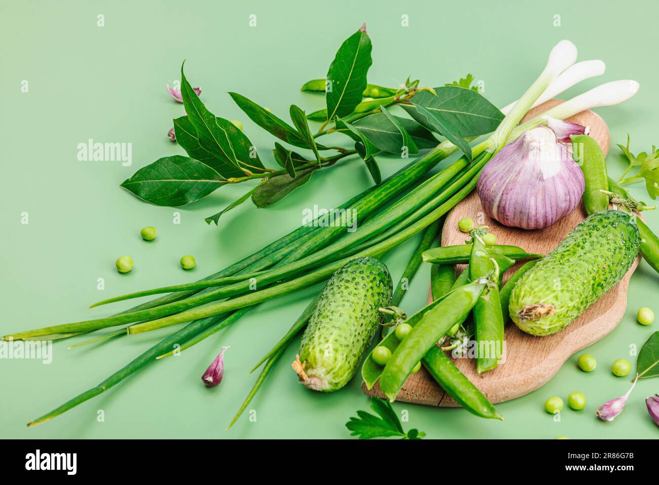 Culinary background in green tones. Preserved and fermented food ...