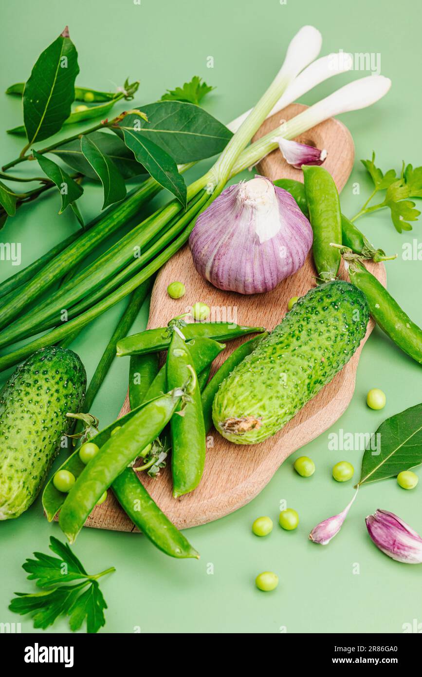 Culinary background in green tones. Preserved and fermented food ...