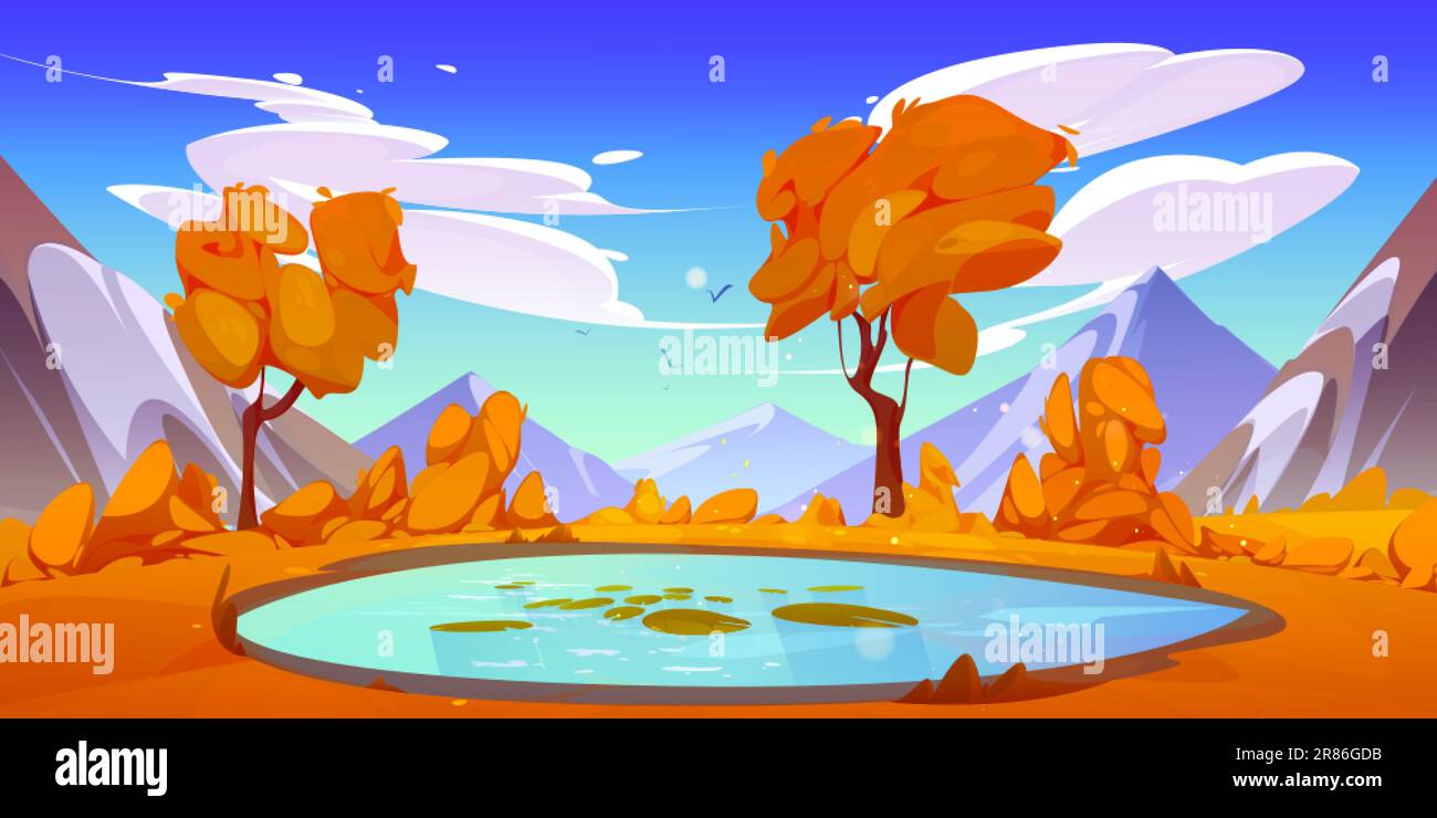 Autumn mountain landscape illustration with lake cartoon vector ...