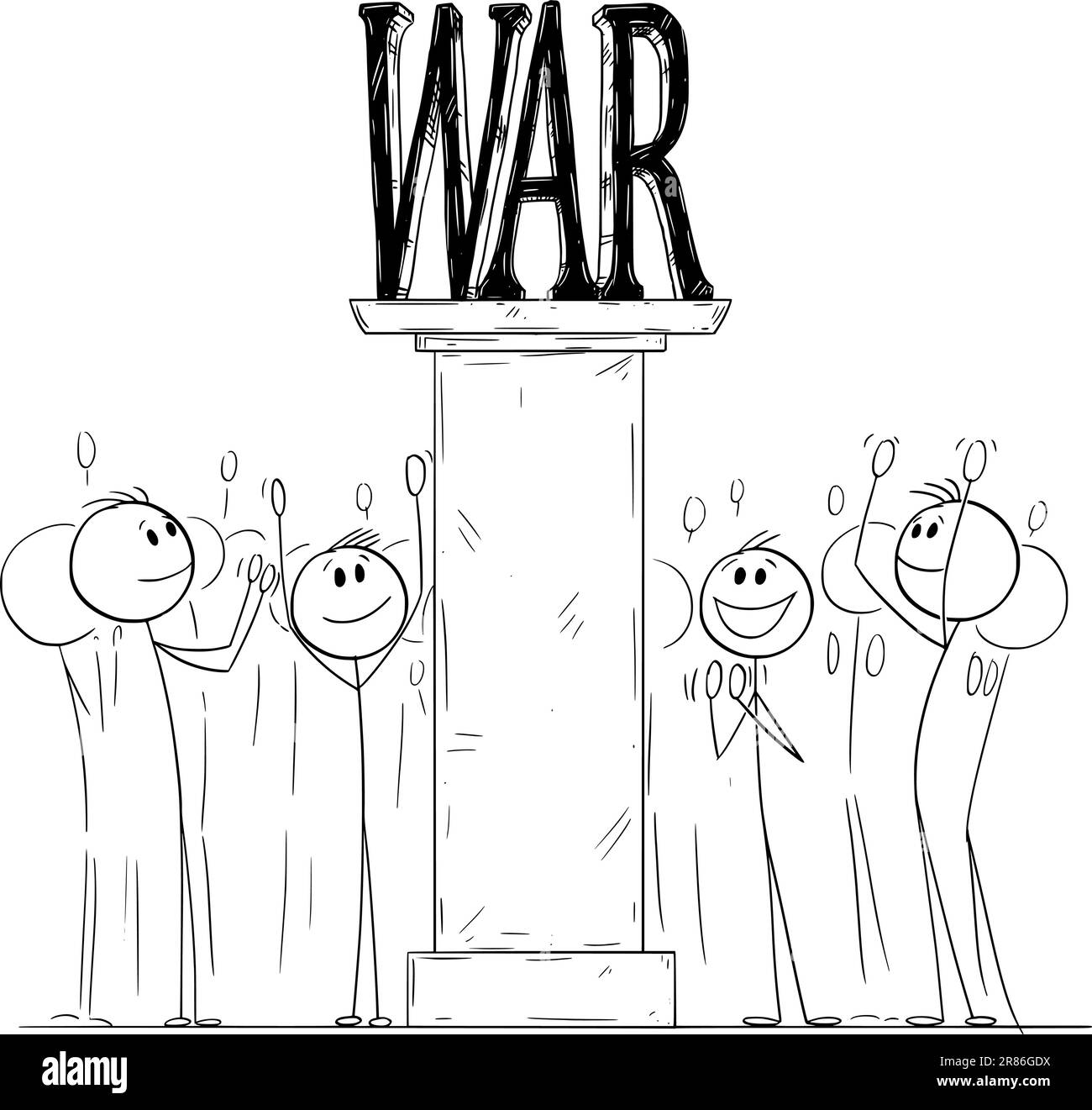Crowd Applauding and Celebrating War Statue on Pedestal, Vector Cartoon ...