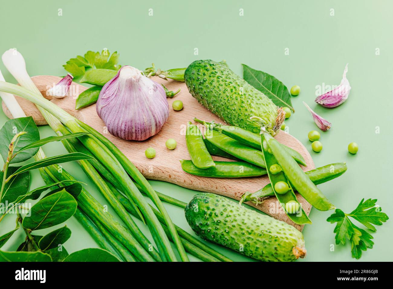 Culinary background in green tones. Preserved and fermented food ...