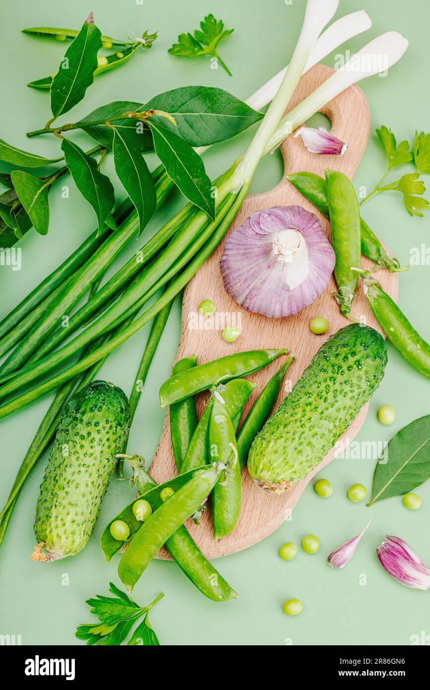 Culinary background in green tones. Preserved and fermented food ...