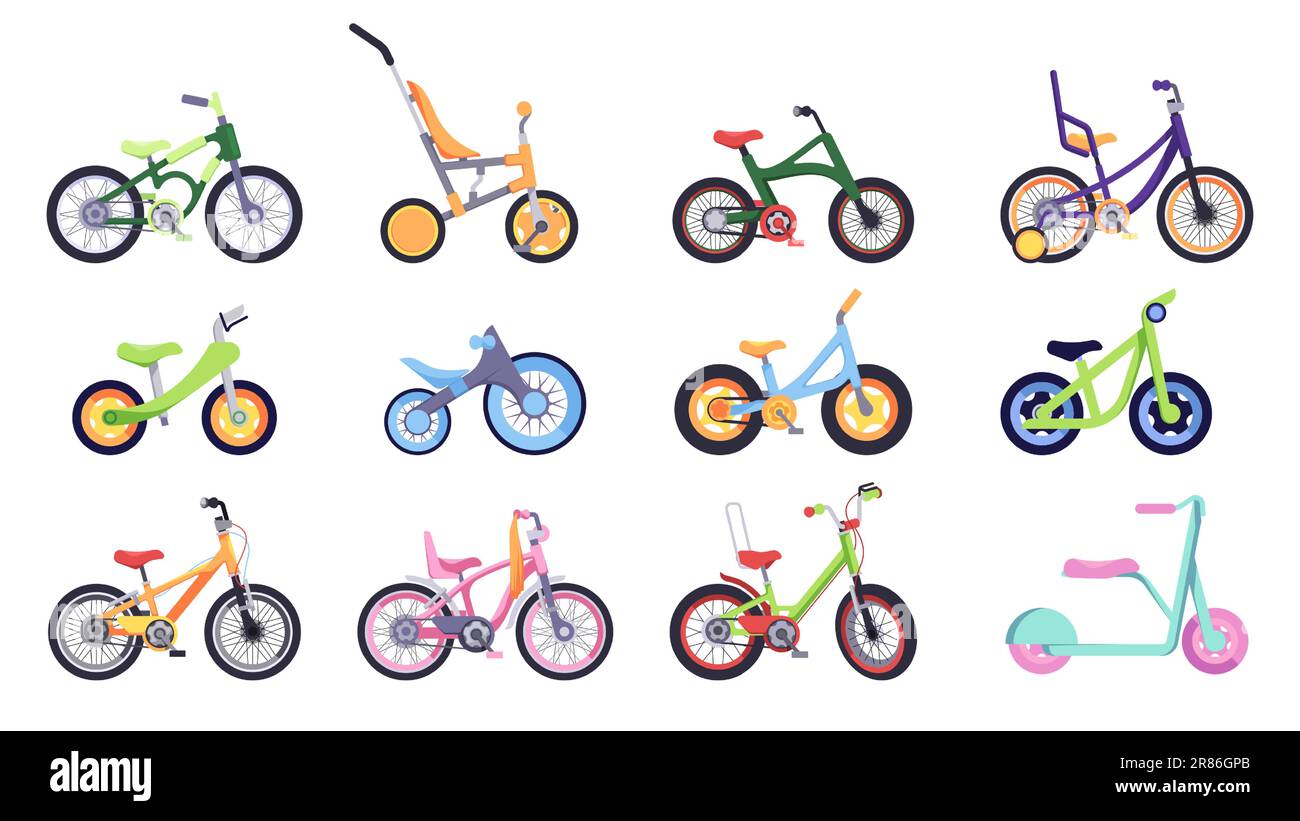 Cartoon kids bicycle. Colorful teen and child cycle, boy and girl bike ...