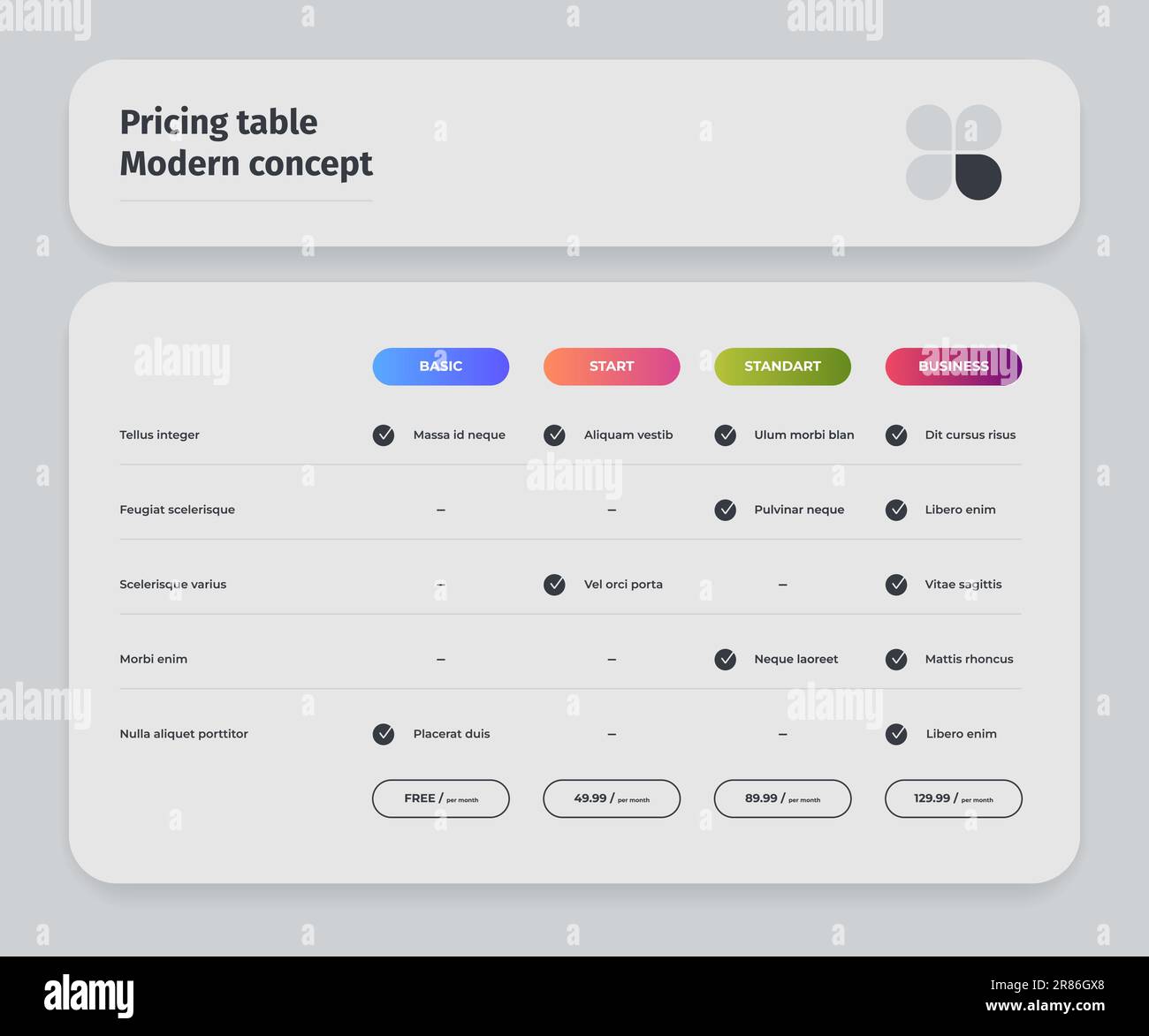 Pricing table. Spreadsheet with subscription feature, compare and order element with options and ...