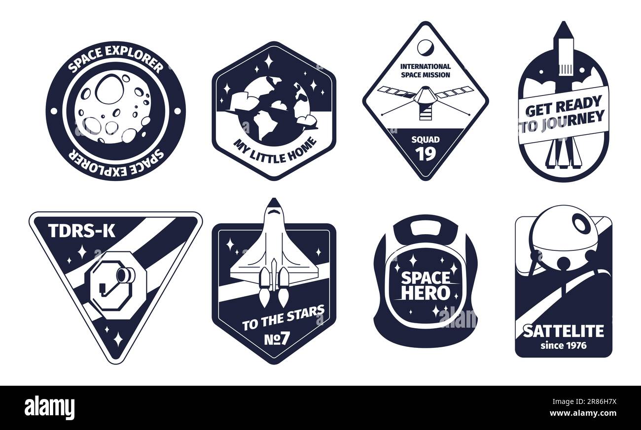 Vintage space emblem. Retro monochrome labels with galaxy rocket ...