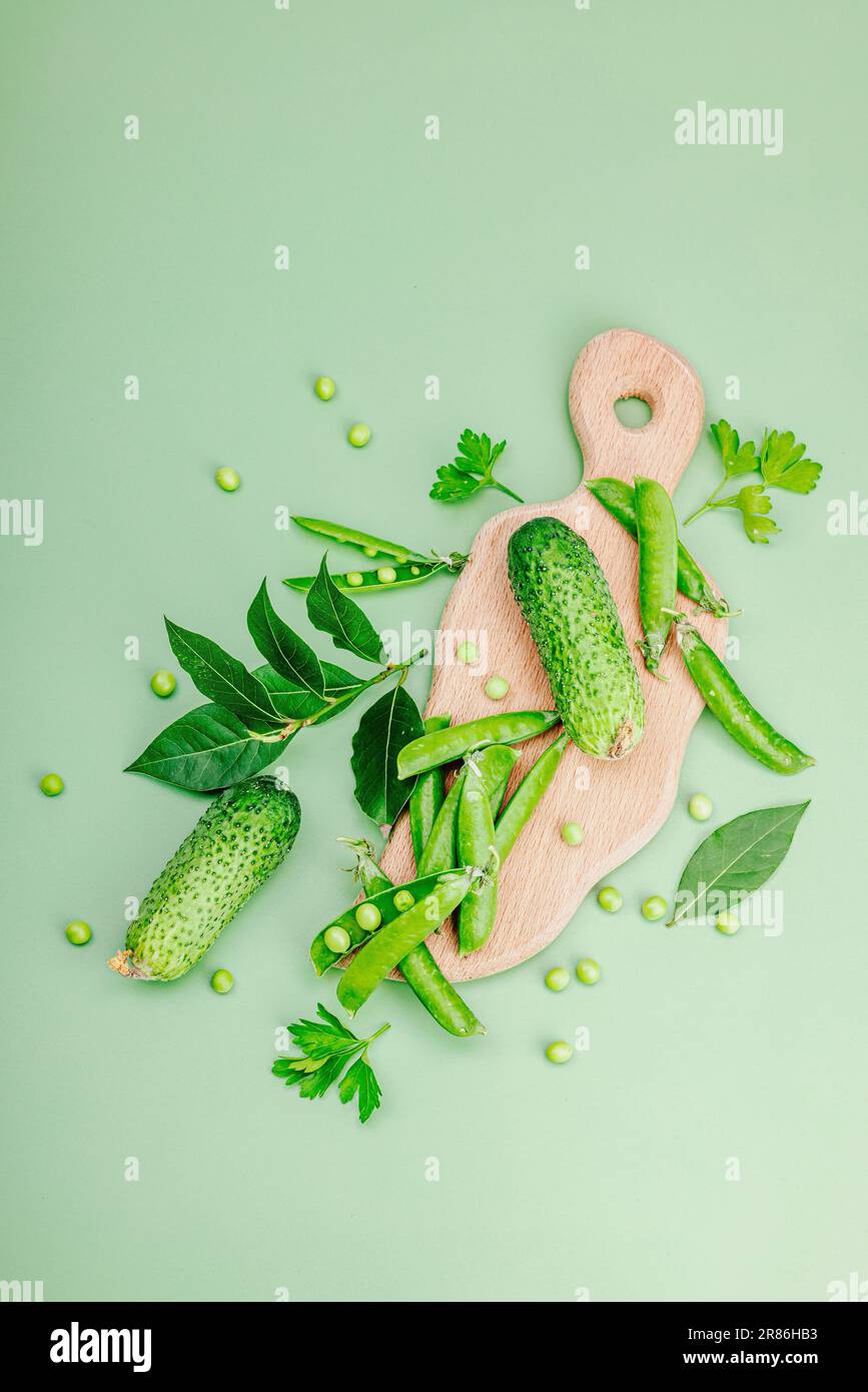 Culinary background in green tones. Preserved and fermented food ...