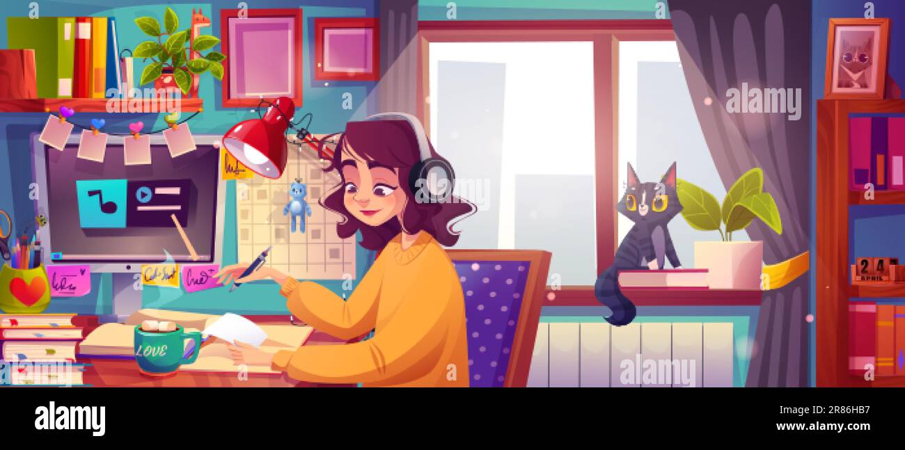 Girl sitting on window workspace desk at home office vector background ...