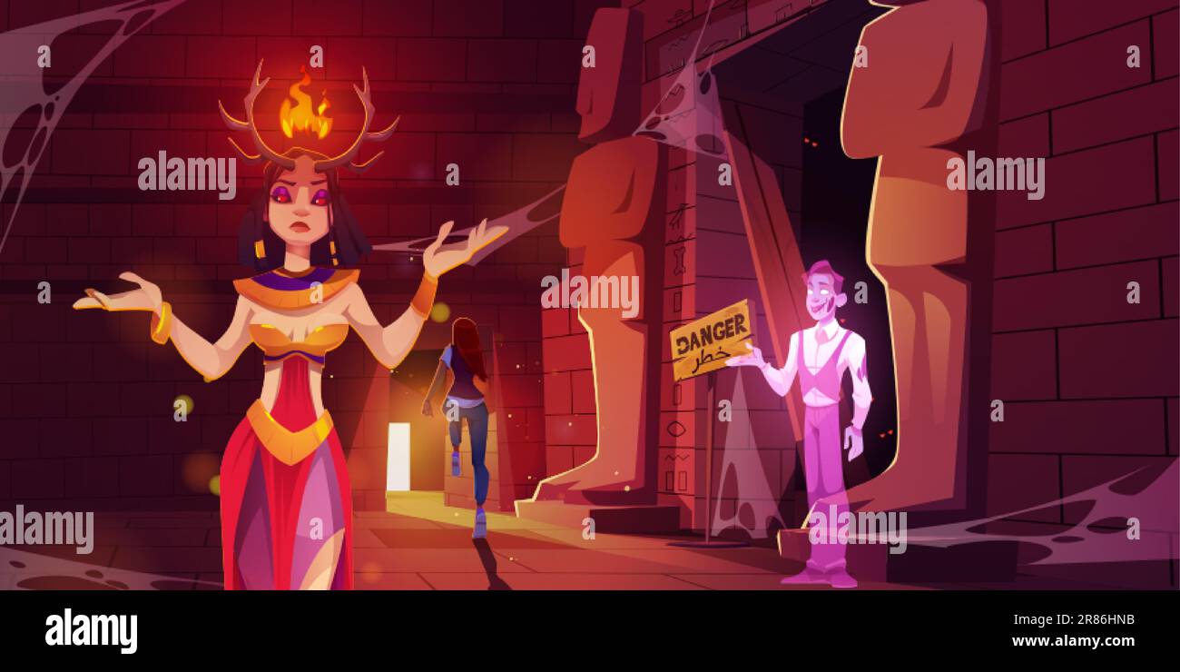 Dark abandoned egypt temple and danger goddess with fire and horns. Ancient egyptian vector game ...