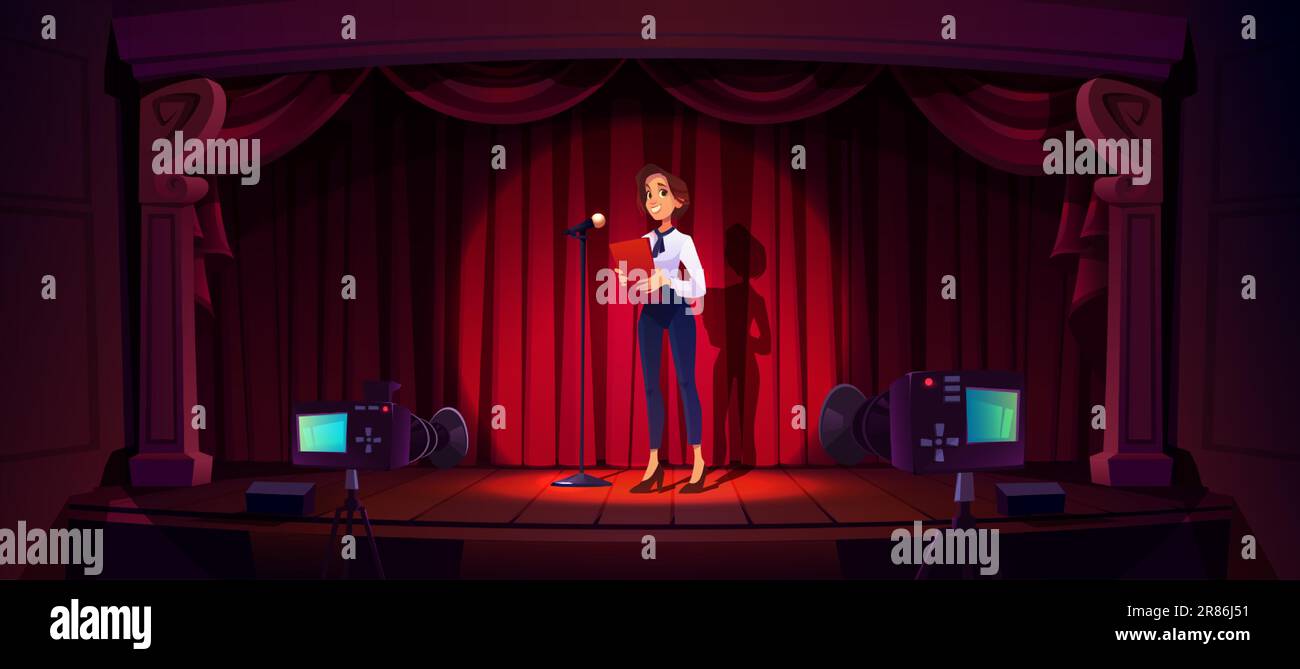 Female presenter smiling near microphone on stage. Vector cartoon ...