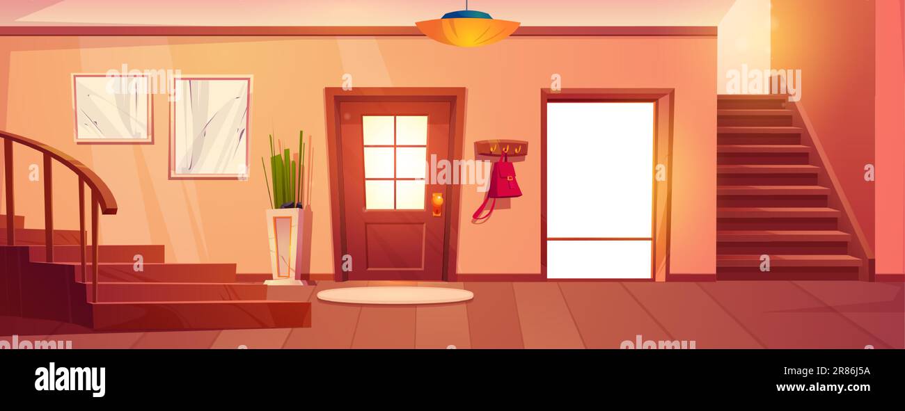 House hallway interior design with stairs. Vector cartoon illustration ...