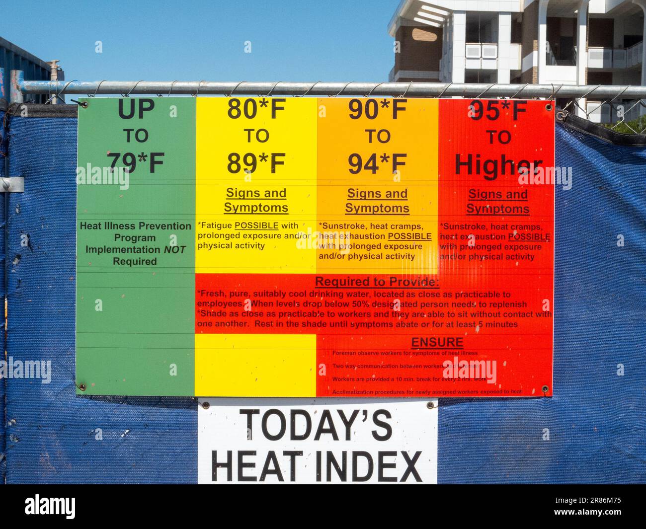 A color coded sign at a construction site in Costa Mesa, CA, lists ...