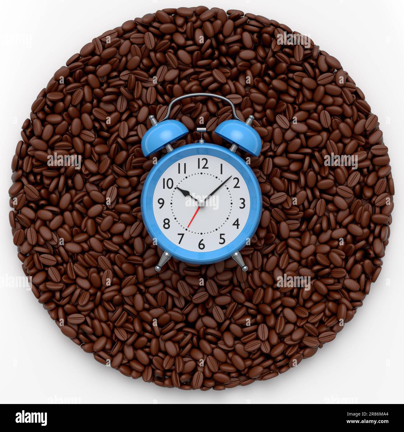 Vintage alarm clock with roasted coffee beans spread out on white ...