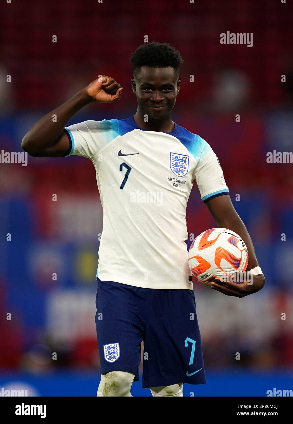 England's Bukayo Saka with the match ball celebrates after the UEFA ...