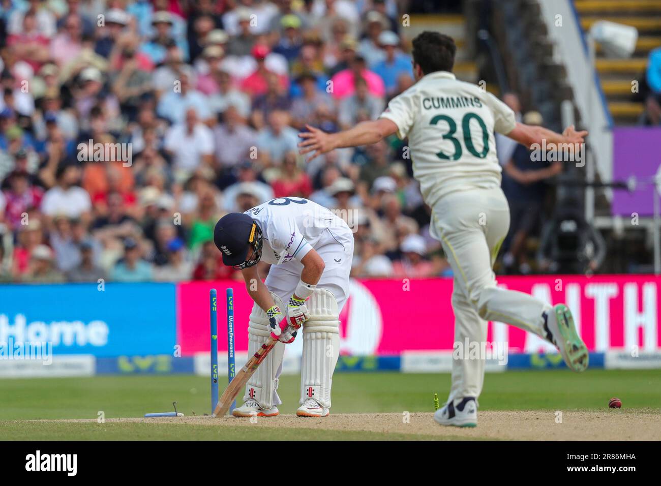 Birmingham, England. 19th June, 2023. England's Ollie Pope is bowled by ...