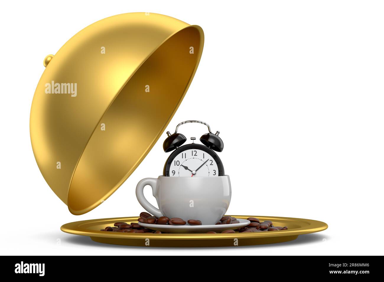 Metal tray with cloche ready to serve with ceramic coffee cup and alarm ...