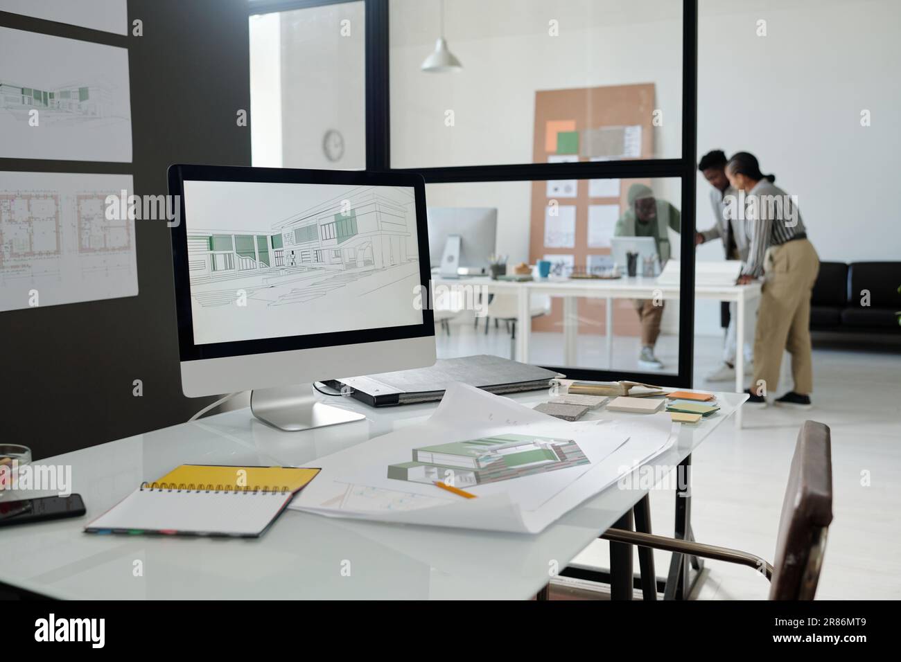 Workplace of modern architect or designer with computer monitor ...