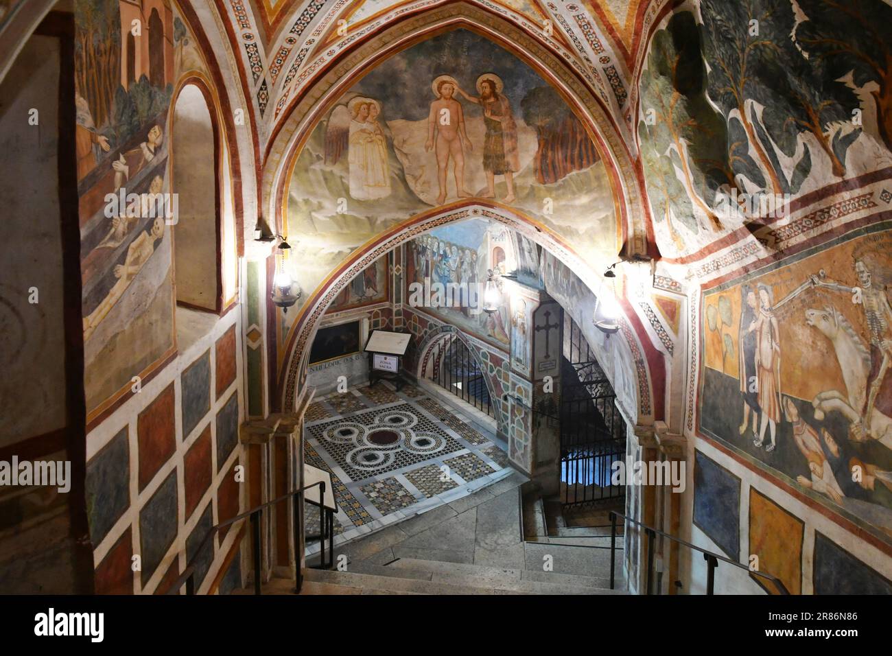 Ancient frescoes inside the monastery of Saint Benedict in a medieval ...