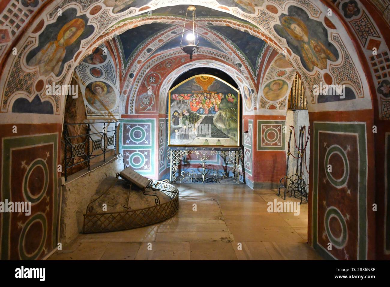 Ancient frescoes inside the monastery of Saint Benedict in a medieval ...
