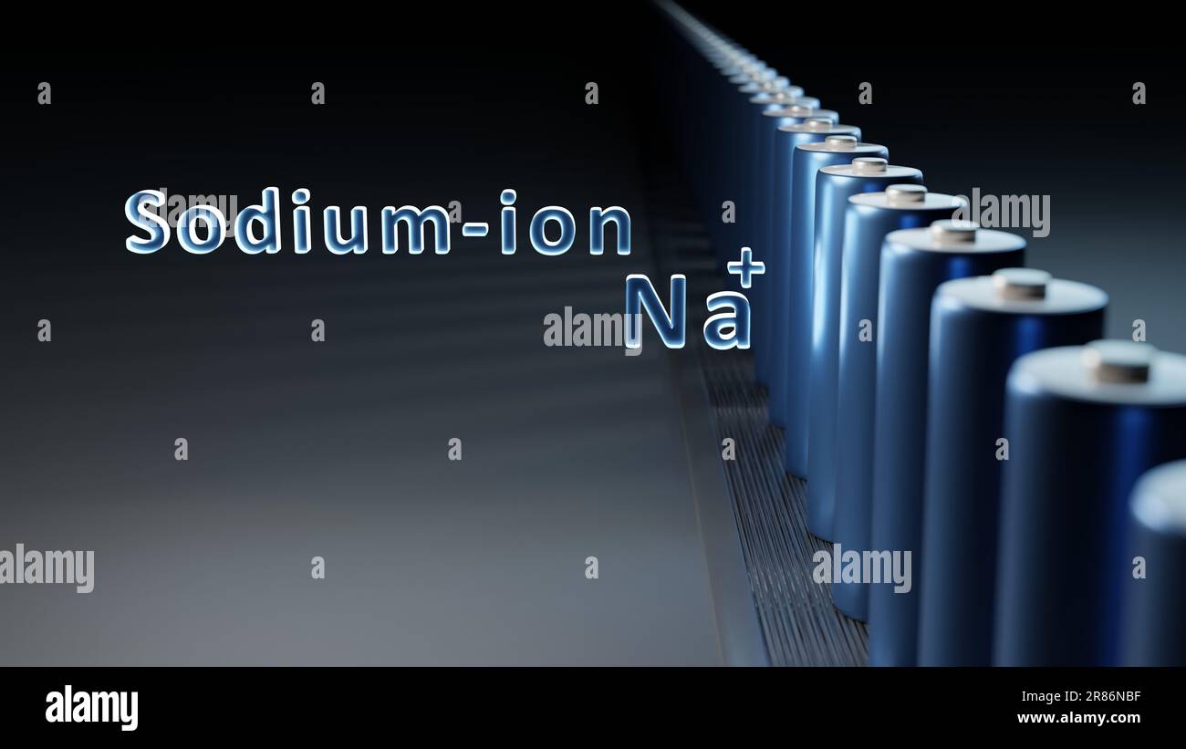 The line of Sodium-ion batteries in a dark background- 3D render ...