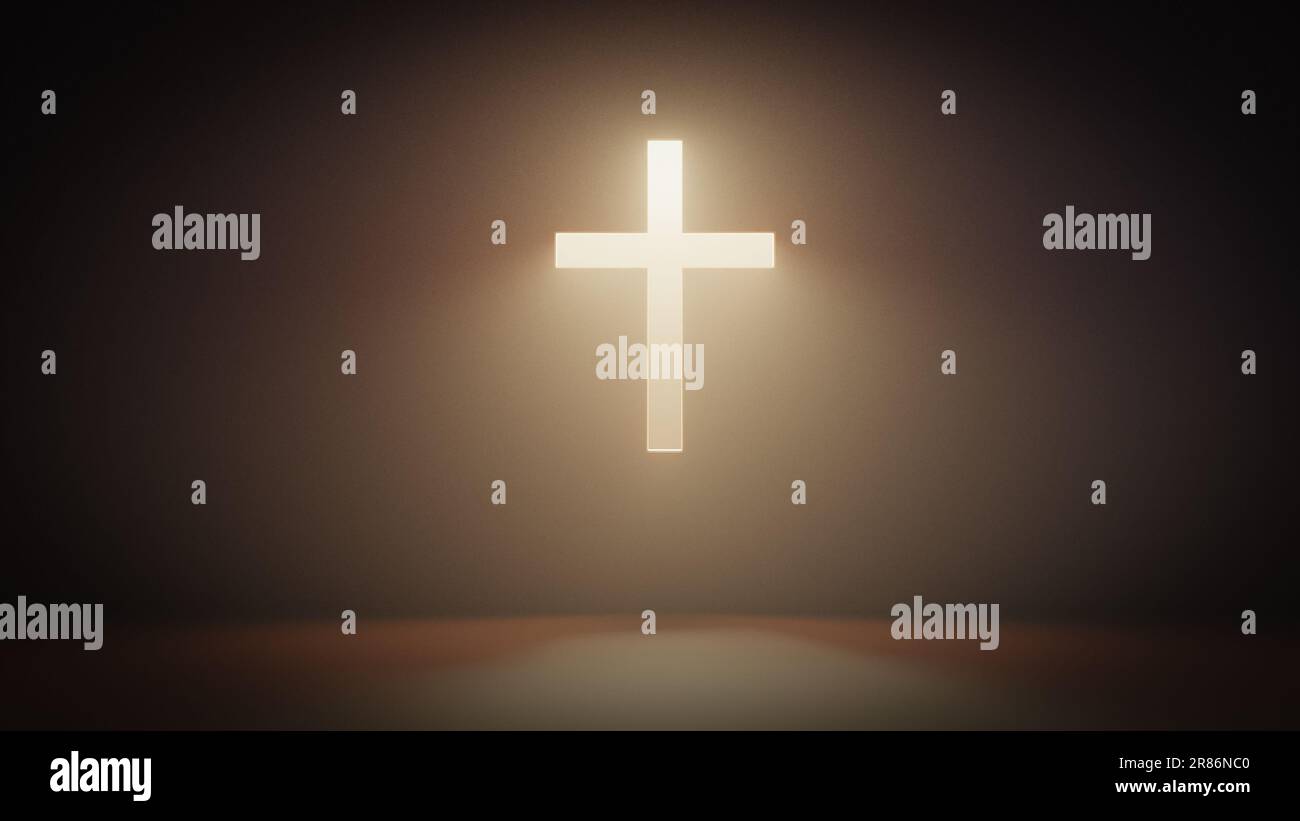 Shining cross on the wall with warm yellow rays of light - 3D ...