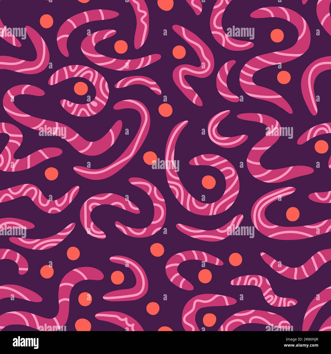 Seamless pattern with chewing warms. Hand drawn sweets on purple ...