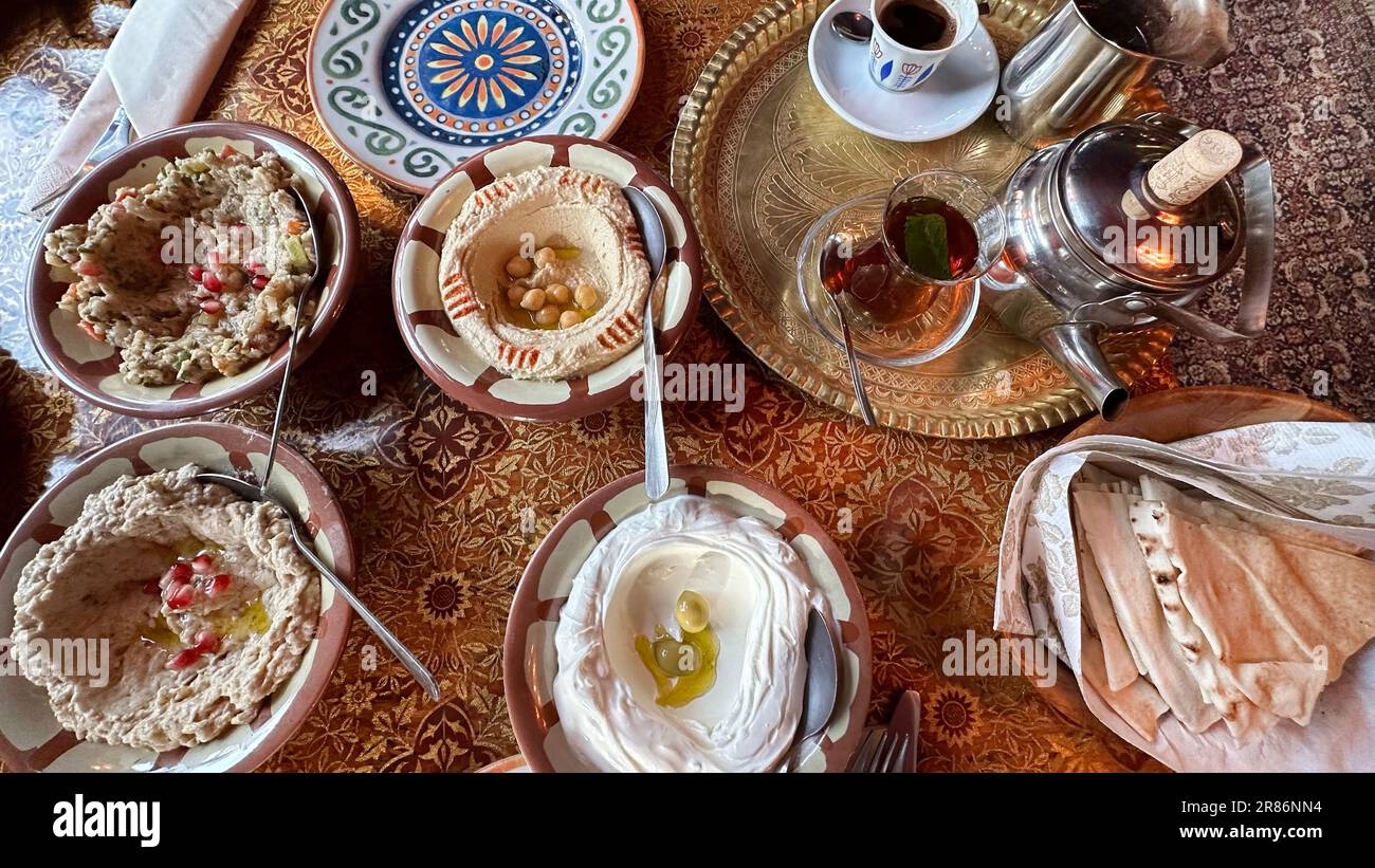 Traditional arabic oriental meze assortment, top view Stock Photo - Alamy