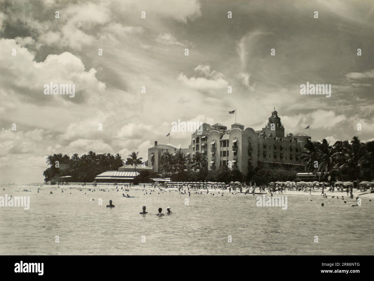 The 1940's era Waikiki beach in front of the famous Royal Hawaiian ...