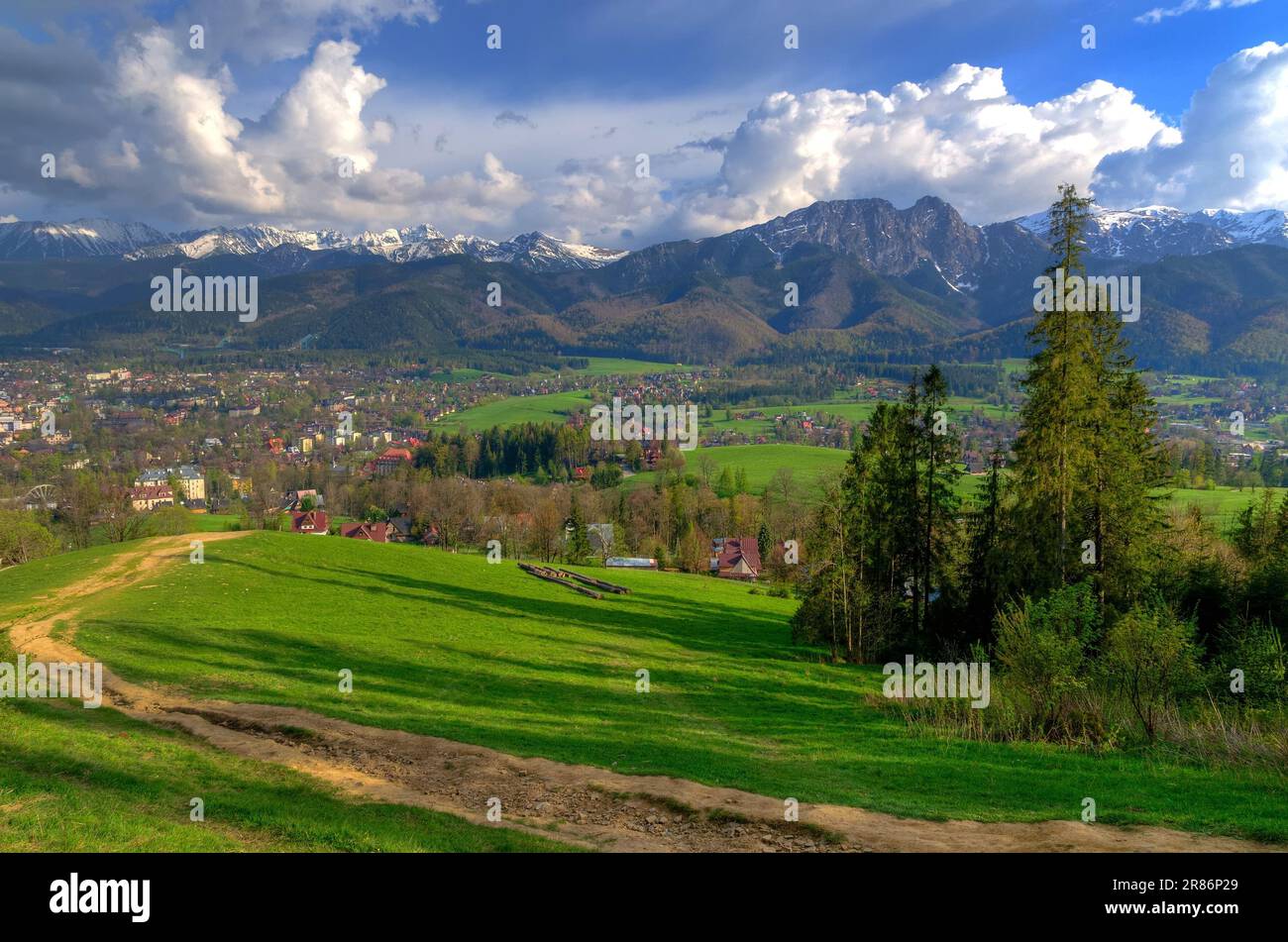 Beautiful spring mountain and rural landscape. View on the Tatra ...