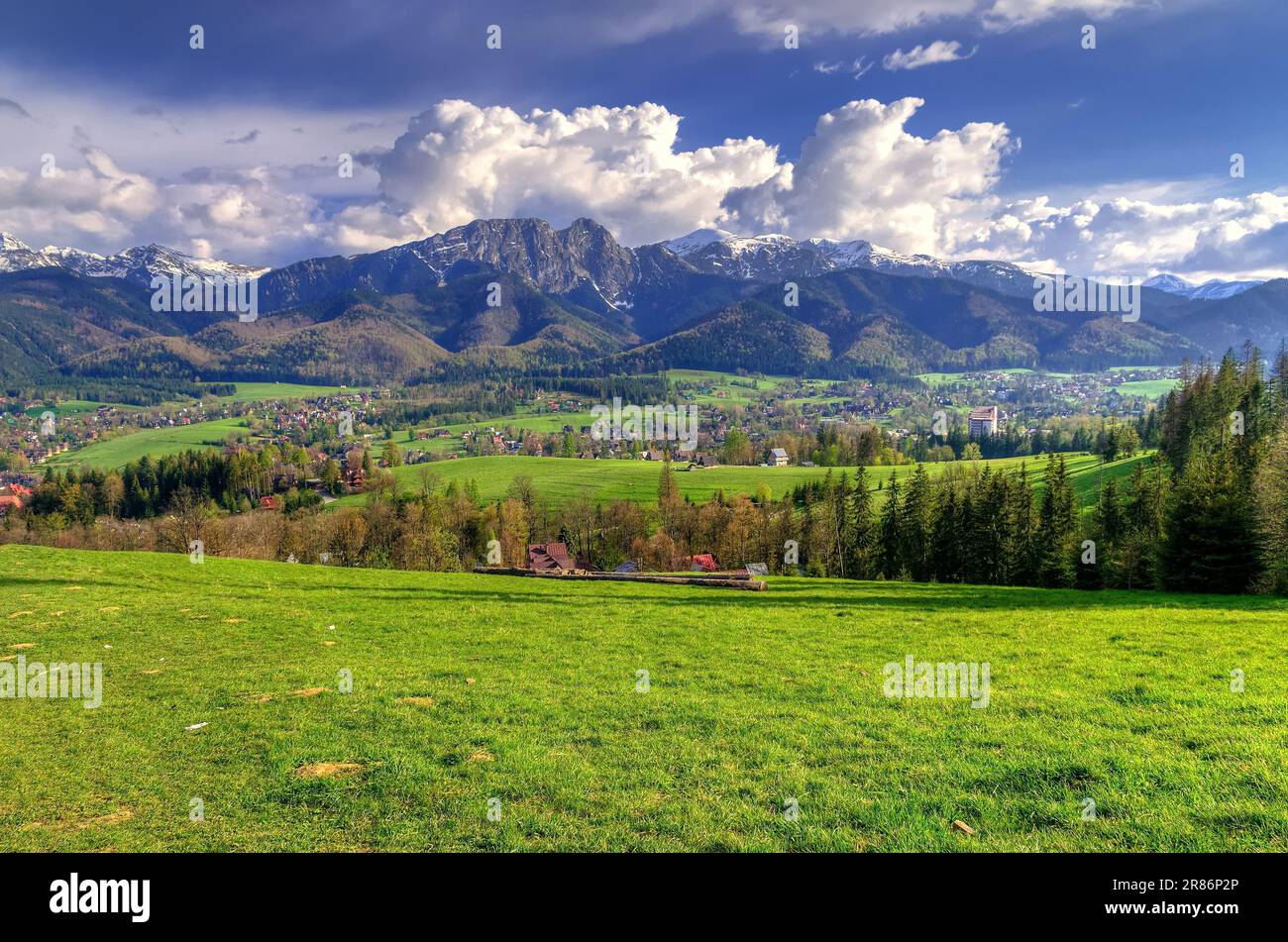 Beautiful spring mountain and rural landscape. View on the Tatra ...