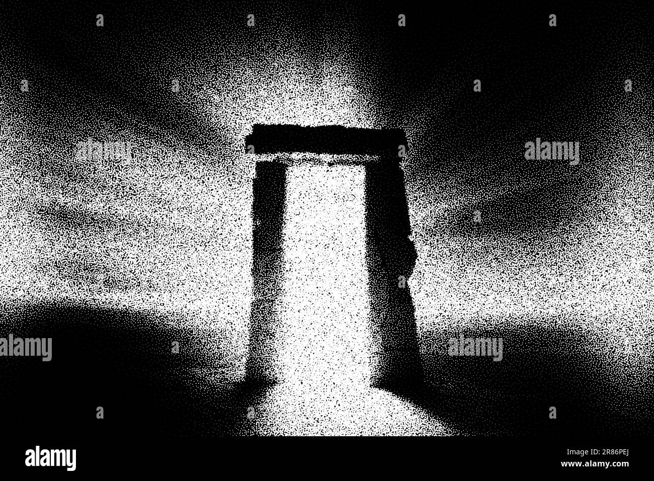 Ancient ruins in sci-fi scene with dotwork retro style. Mysterious gate ...