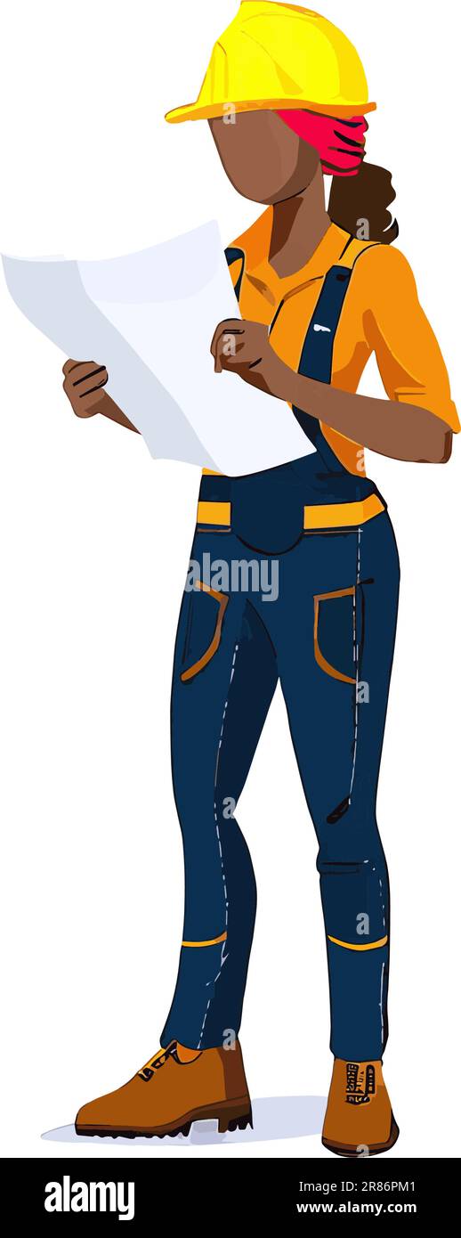 Woman construction worker reading a plan isolated on white background ...
