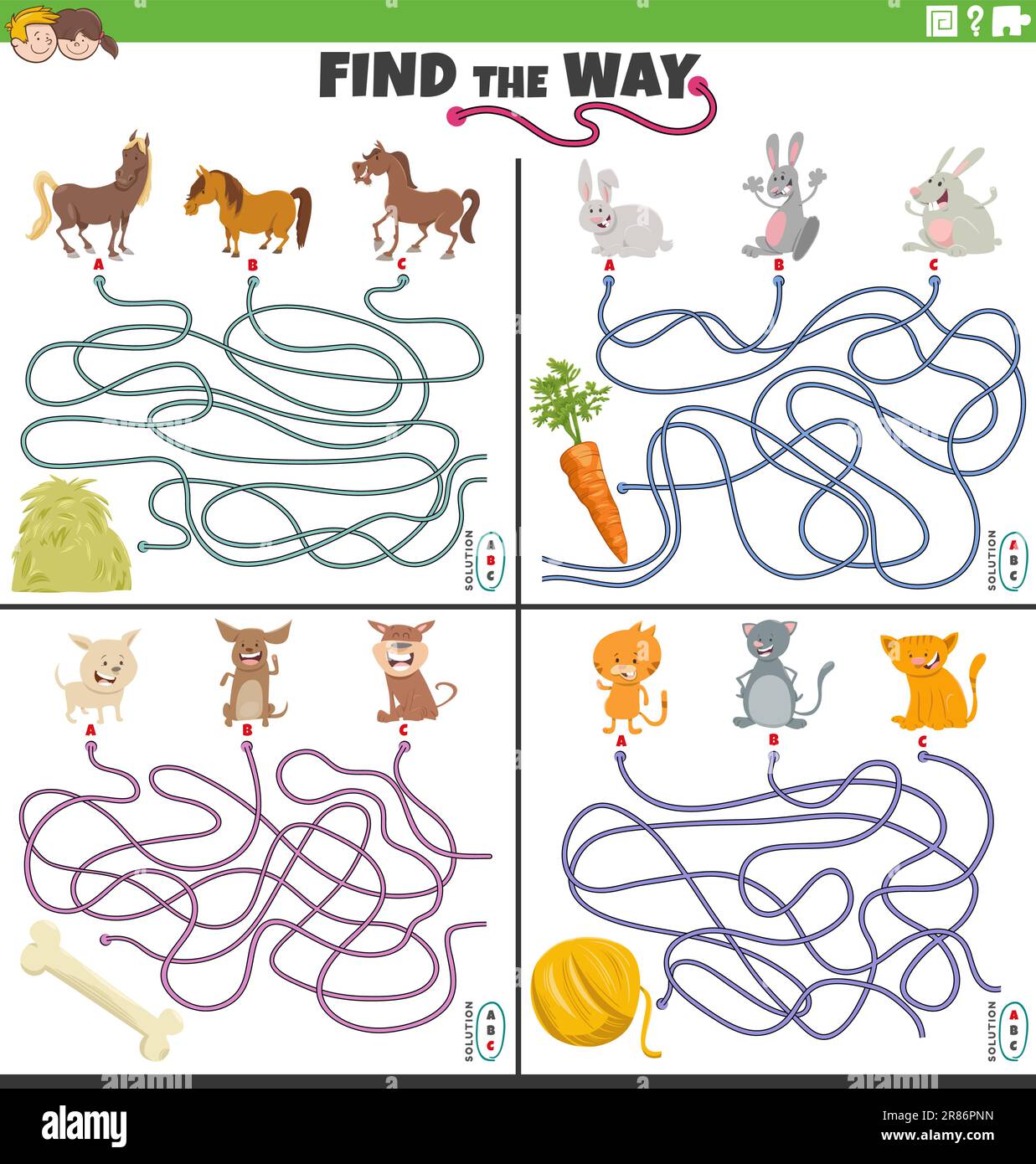 Cartoon illustration of find the way maze puzzle games set with animal ...