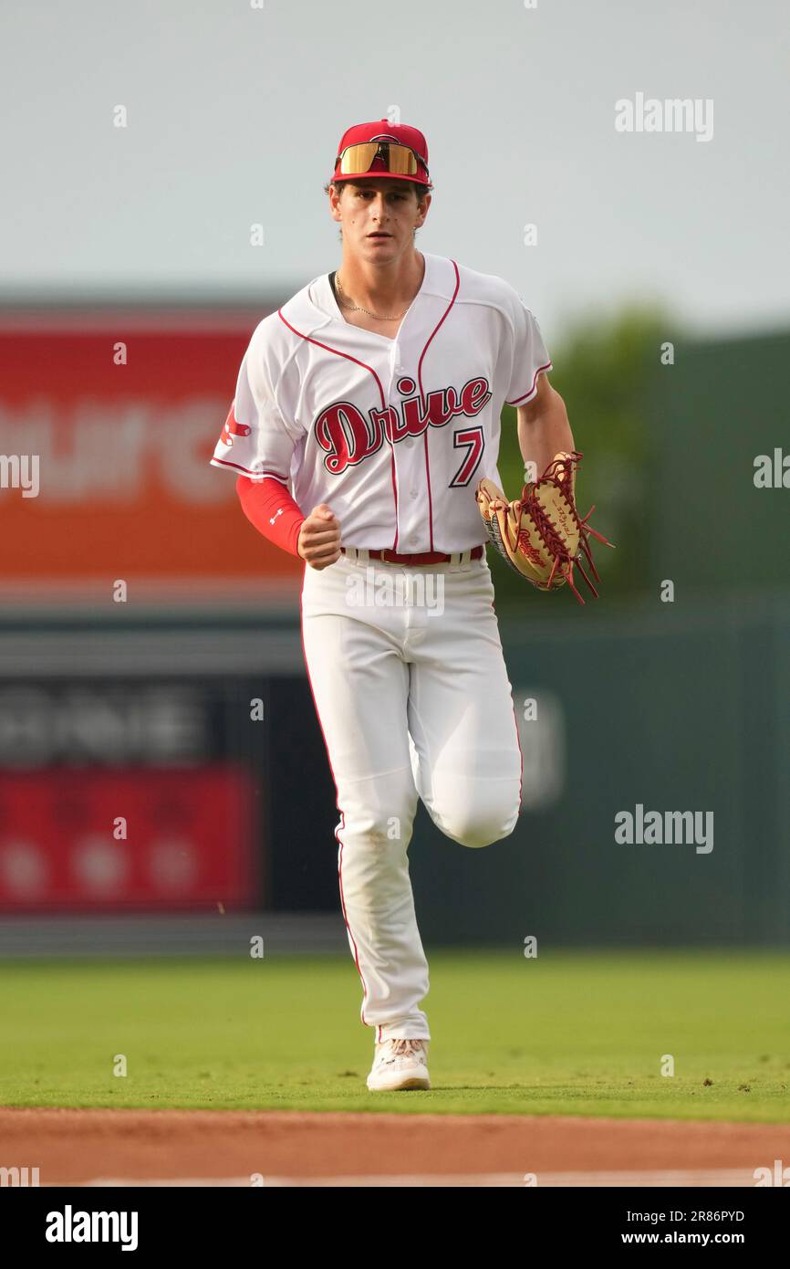 Center fielder Roman Anthony (7) of the Greenville Drive jogs off the ...