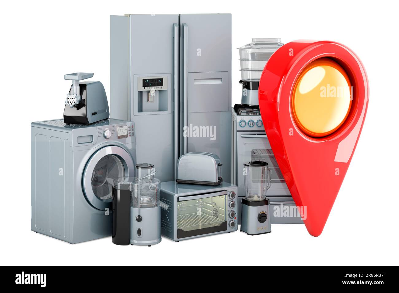 Kitchen and home appliance with map pointer, 3D rendering isolated on ...