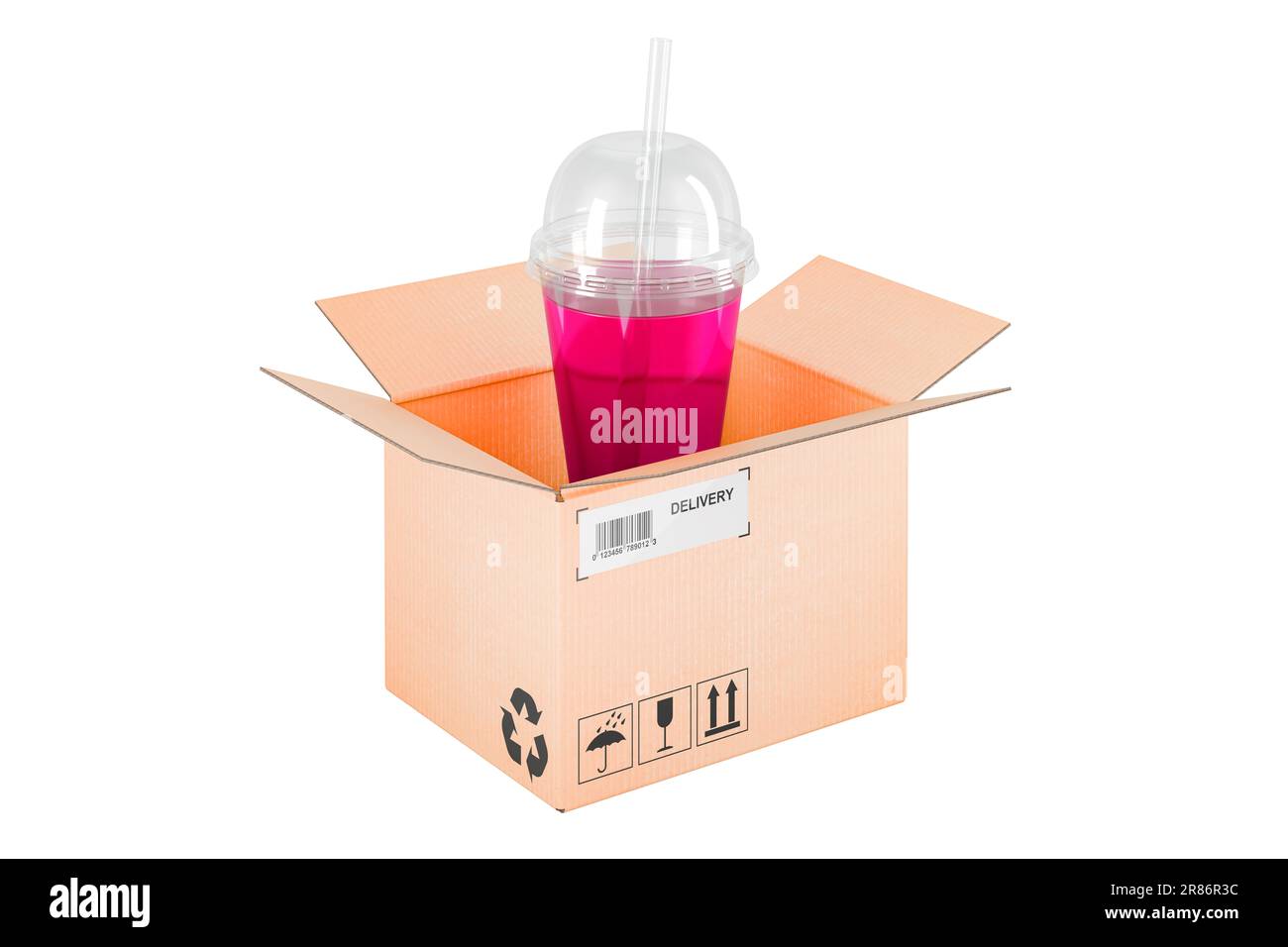 Plastic transparent disposable cup drink inside cardboard box, delivery ...