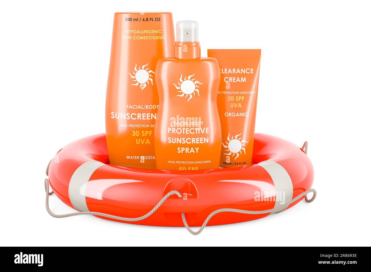 Sunscreen products with lifebelt, SPF protect concept. 3D rendering ...