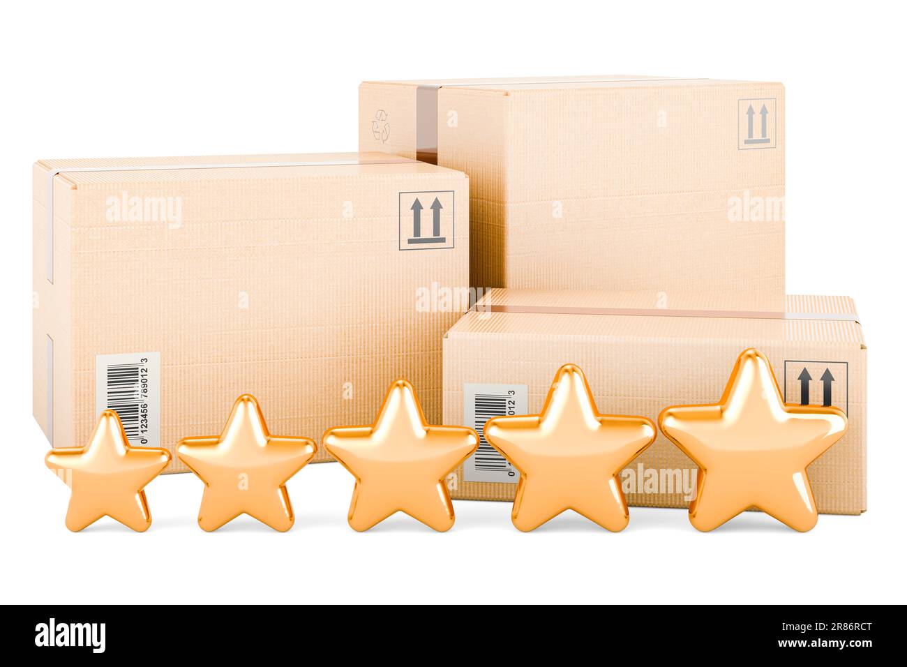 Three parcels with five golden stars. 3D rendering isolated on white background Stock Photo - Alamy