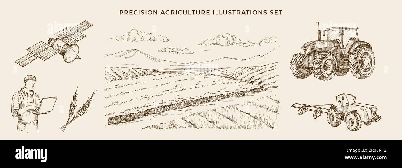 Precision Agriculture Vector Illustrations Set. Hand Drawn Farmer with ...