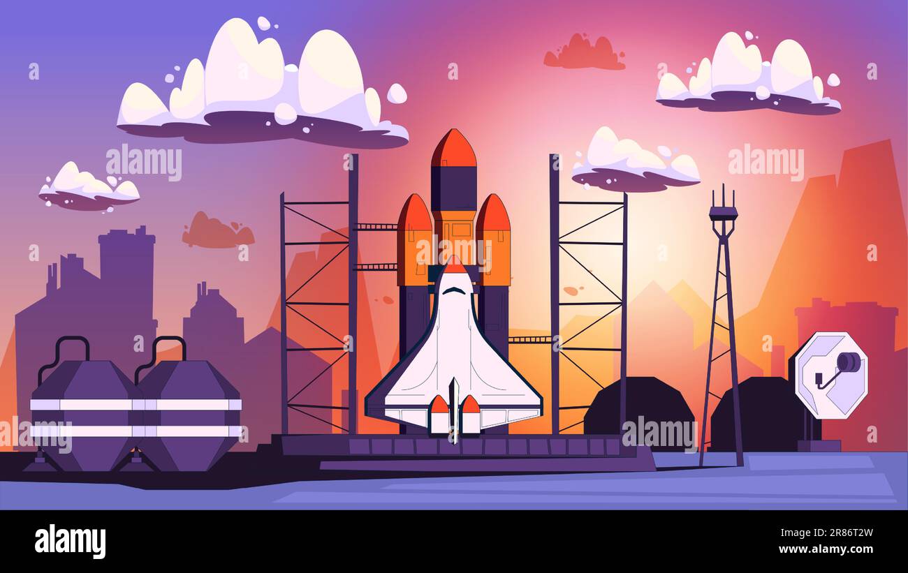 Space rocket launch composition. Cartoon space shuttle with crew and ...