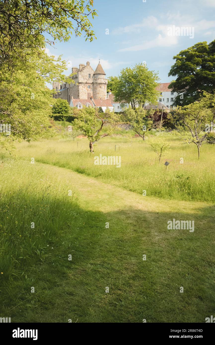 Historic Falkland Palace and village with landscaped gardens on a sunny ...