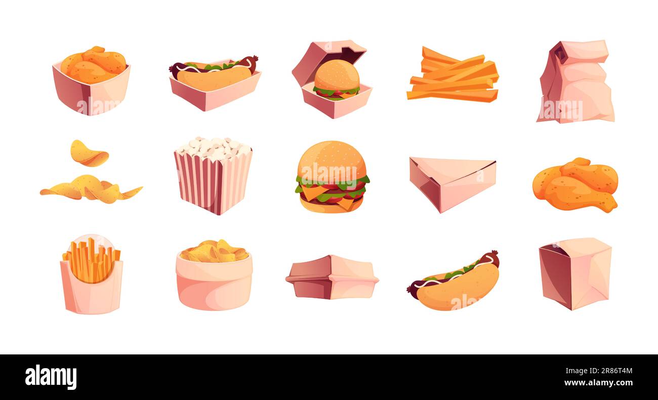 Takeaway food. Fast food packing, disposable containers with organic ...