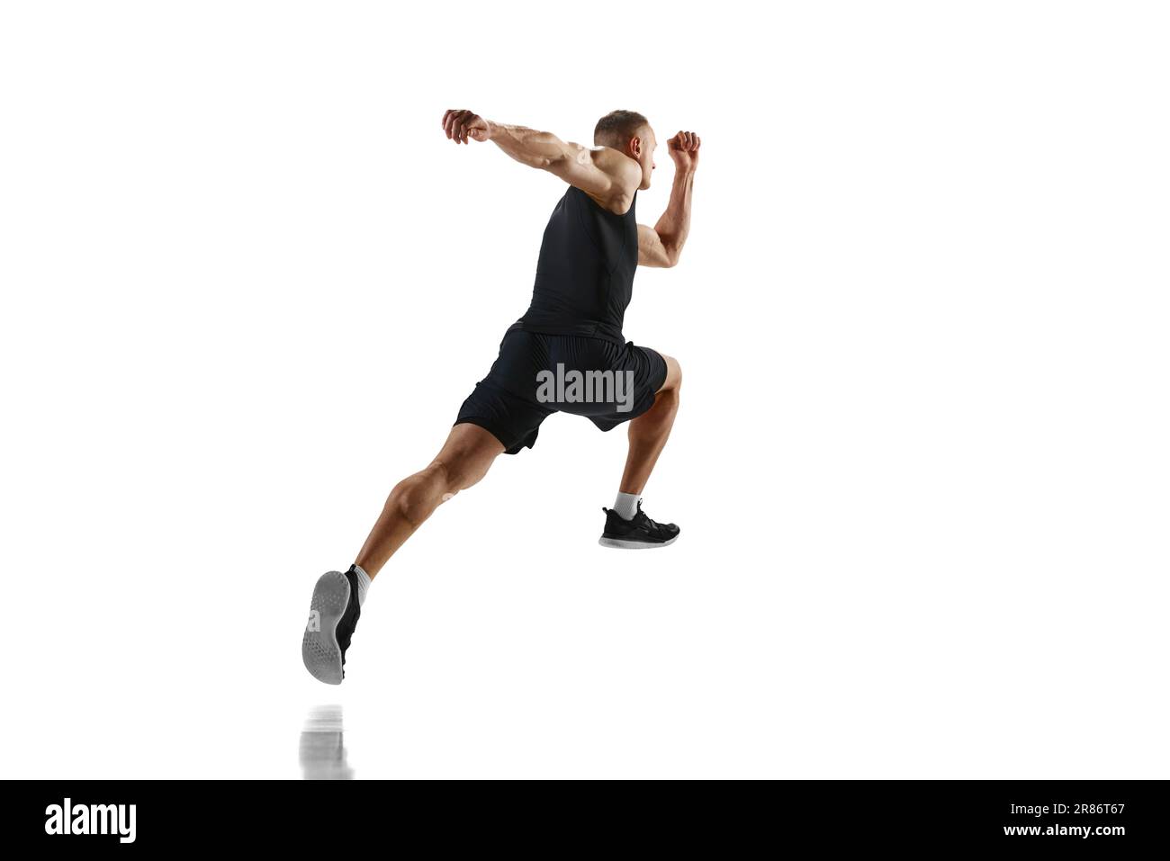 Side bottom view image of young man with muscular, strong, fit body ...