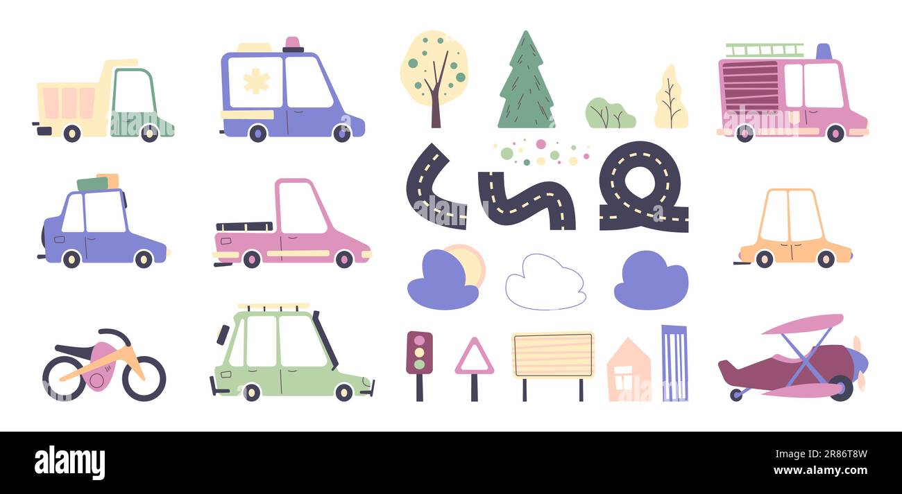 Cute road and transport collection. Cartoon vehicle transport icons bus ...